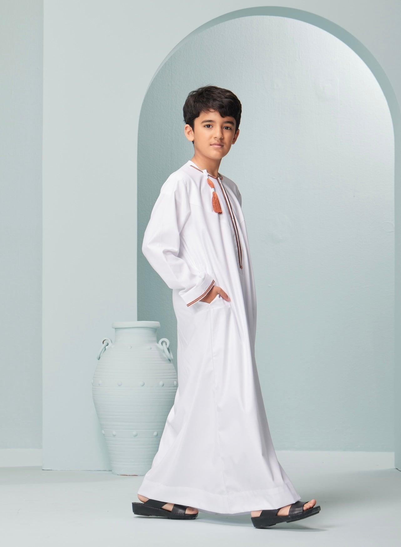 Kids Embroidered White Thobe with Copper Tassel Ages 3-13 – Thobeluxe