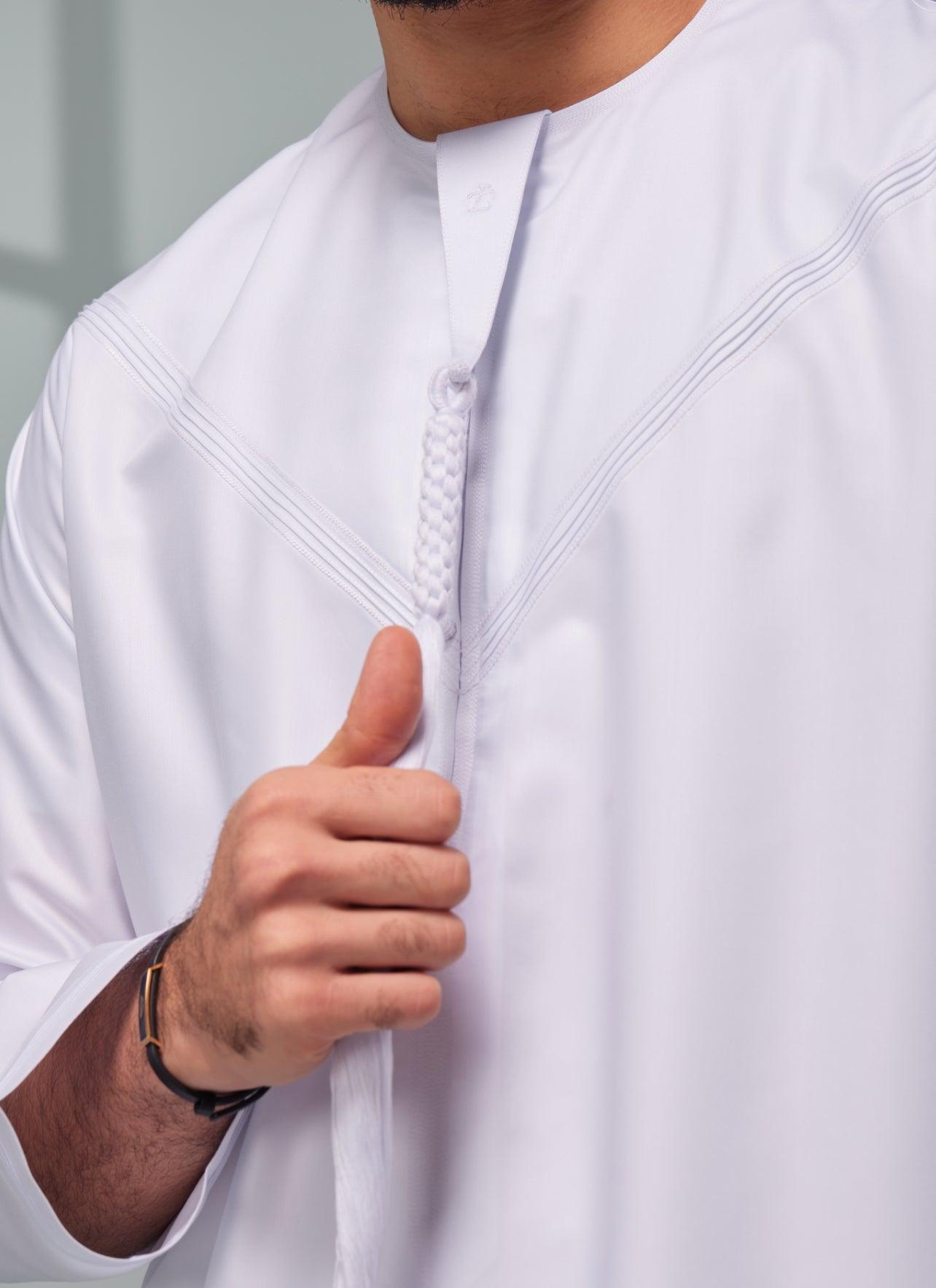Men's Premium Emaar Thobe in White with Tassel Thobeluxe