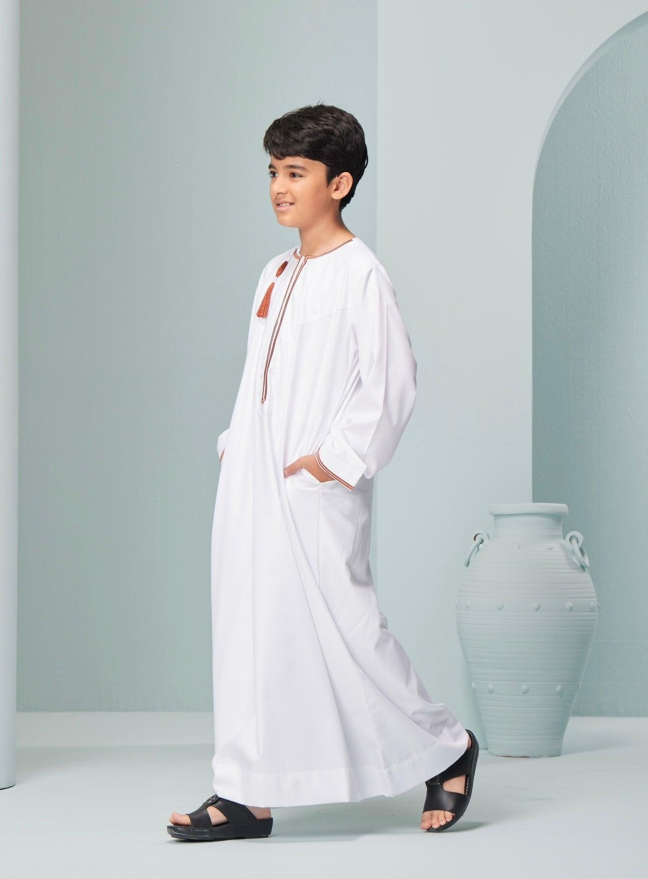 Kids Embroidered White Thobe with Copper Tassel Ages 3-13 – Thobeluxe